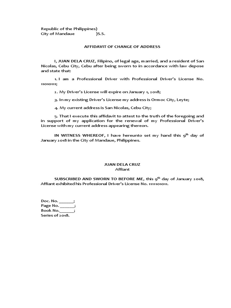 Affidavit of Change of Address Juan Dela Cruz | PDF