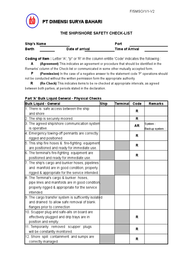 Ship/Shore Safety Checklist | PDF | Ships | Oil Tanker