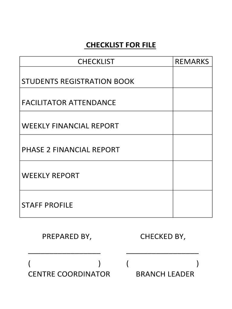 Checklist Remarks Students Registration Book Facilitator Attendance ...