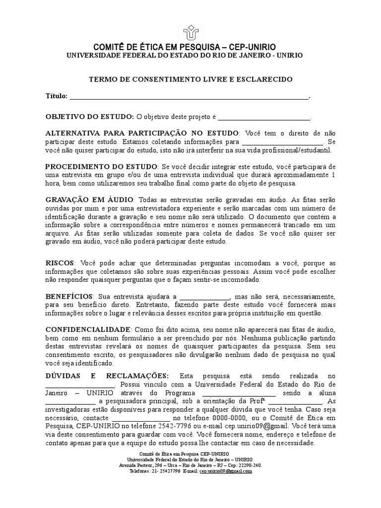 Modelo Termo de Consentimento Livre e Esclarecido | PDF | Entrevista ...