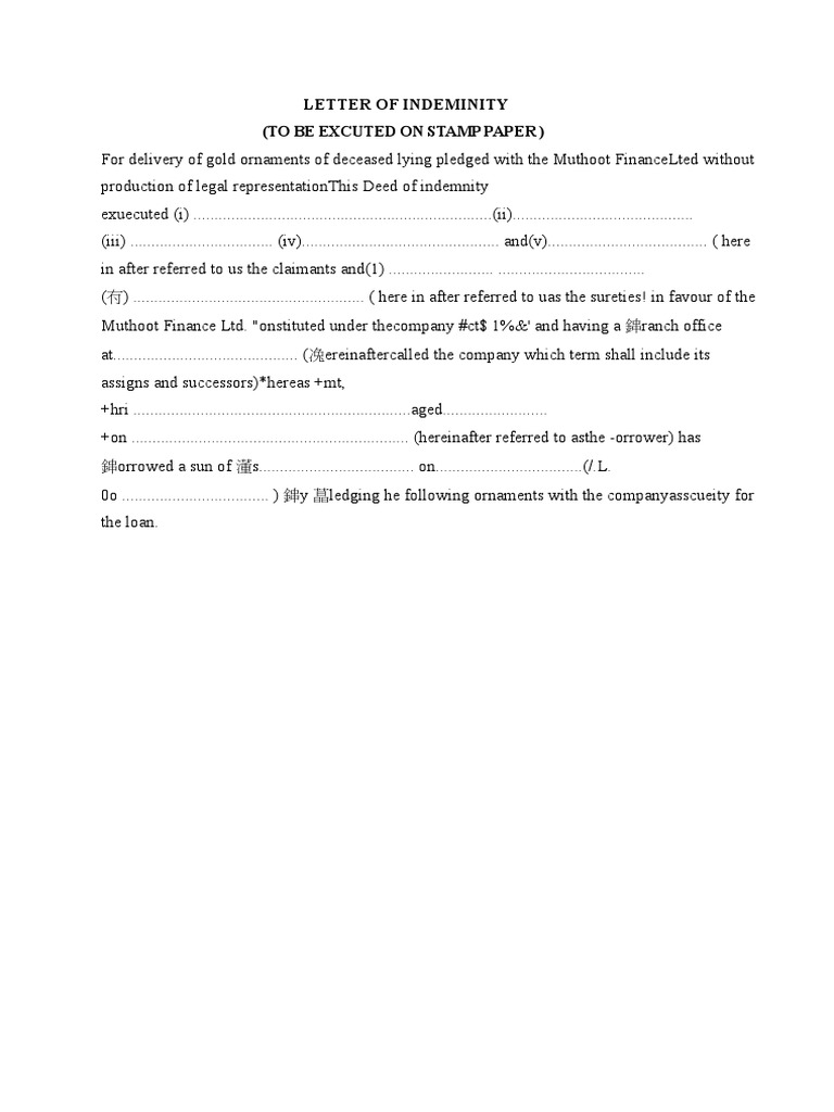 Letter of Indeminity (To Be Excuted On Stamp Paper) | PDF