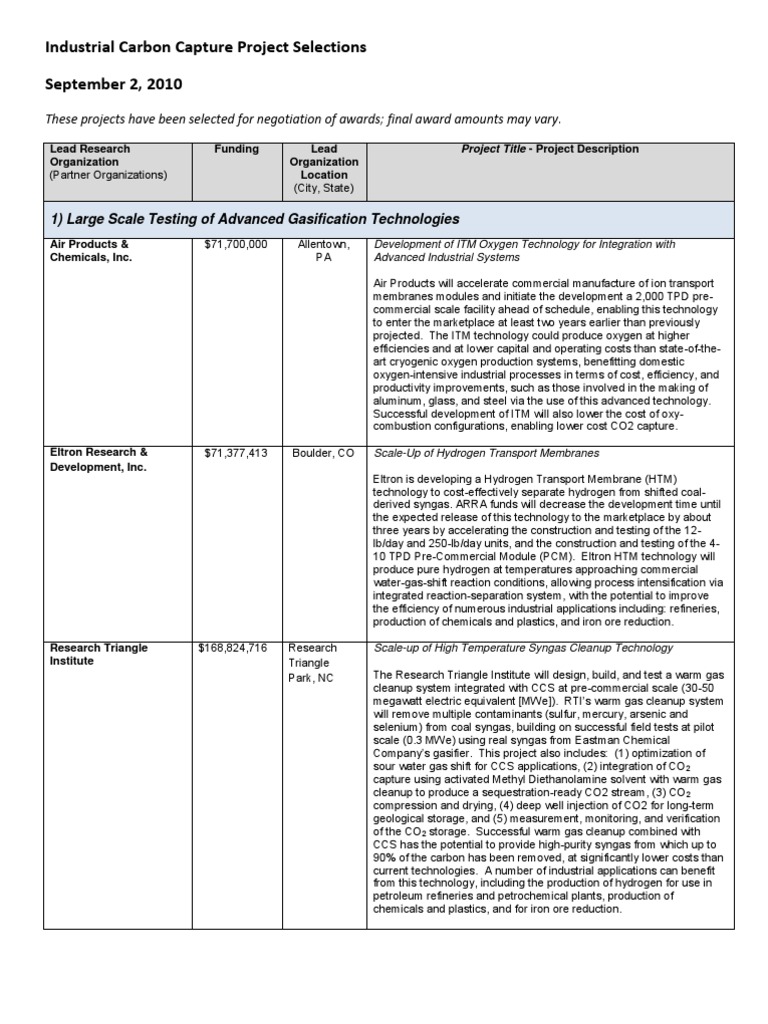 Carbon Capture Projects Funded by Energy Department | PDF | Carbon ...