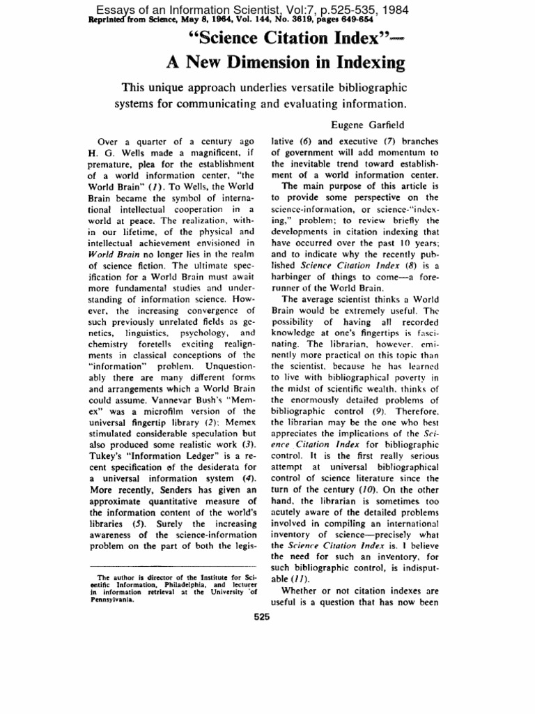 "Science Citation Index"-A New Dimension in Indexing | PDF | Citation ...