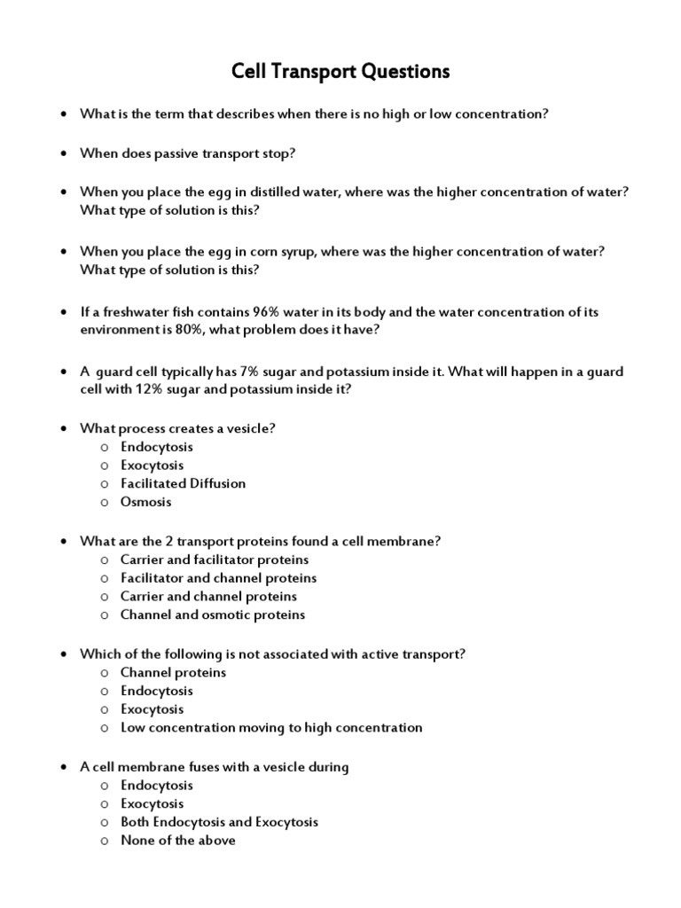 Cell Transport Study Questions | PDF | Osmosis | Molecular Biology