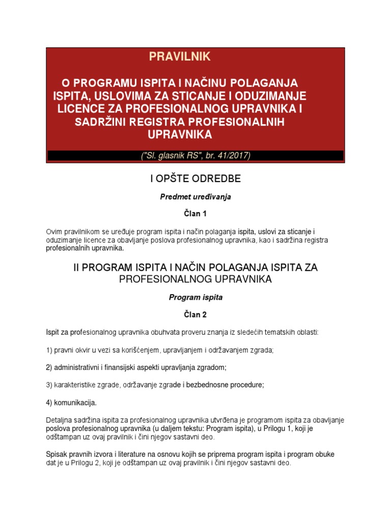 Pravilnik o Programu Ispita I Nacinu Polaganja Ispita, Uslovima Za Sticanje I Oduzimanje Licence ...