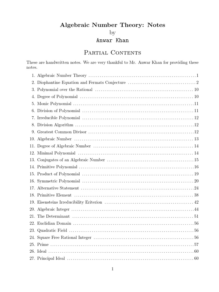 Algebraic Number Theory Notes Anwar Khan PDF | Download Free PDF ... Algebraic Number Theory Notes Anwar Khan PDF | Download Free PDF ...
