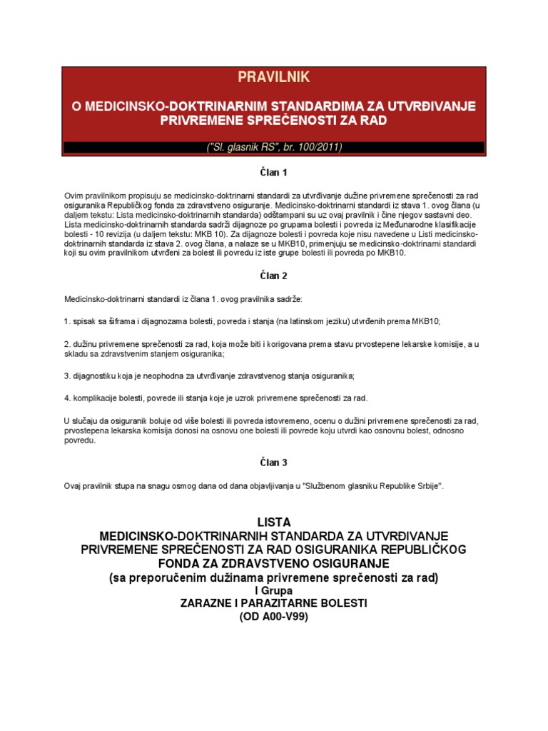 Pravilnik o Medic.-Doktrin - Standardima Za Utvrdjivanje Privremene Sprecenosti Za Rad PDF | PDF