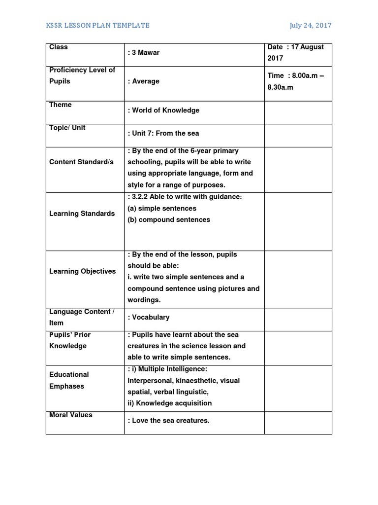 KSSR LP Template - Docx New | PDF | Lesson Plan | Psychological Concepts