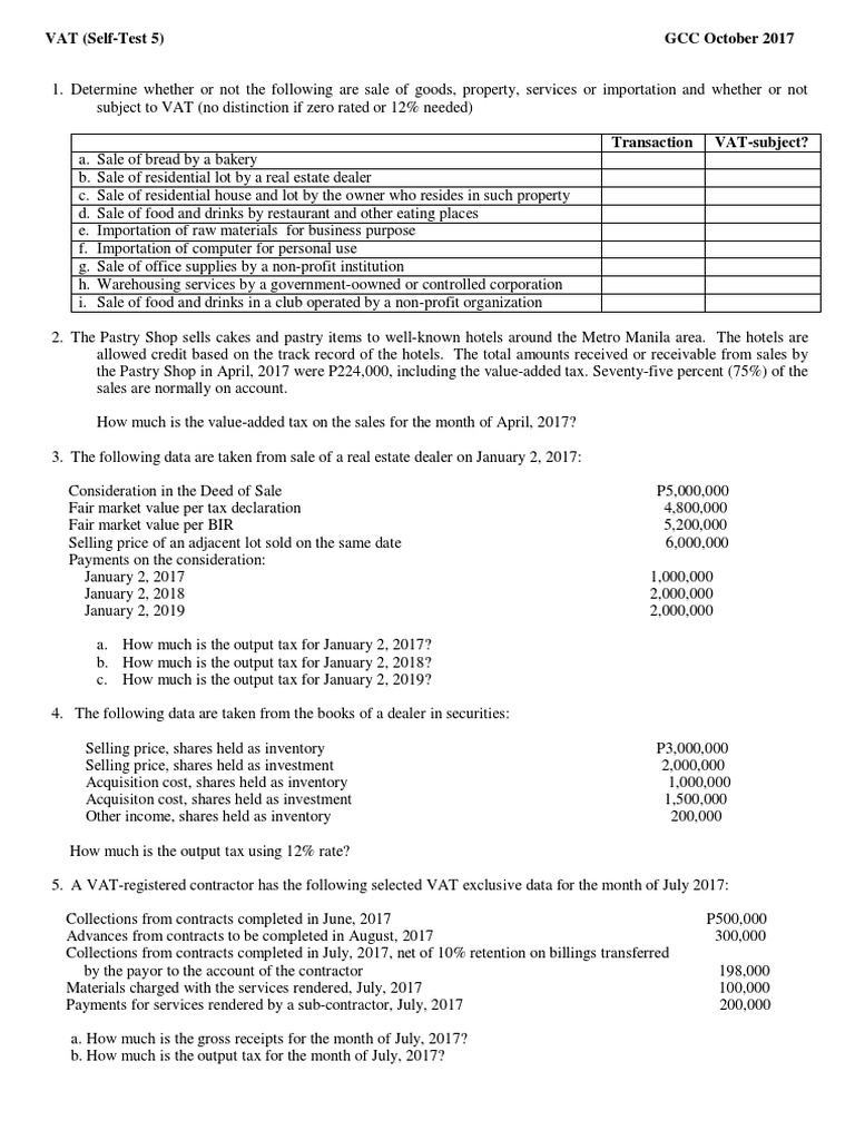 VAT Pat 1 Oct 2017 GCC Self Test Quiz 5 | PDF | Value Added Tax | Sales