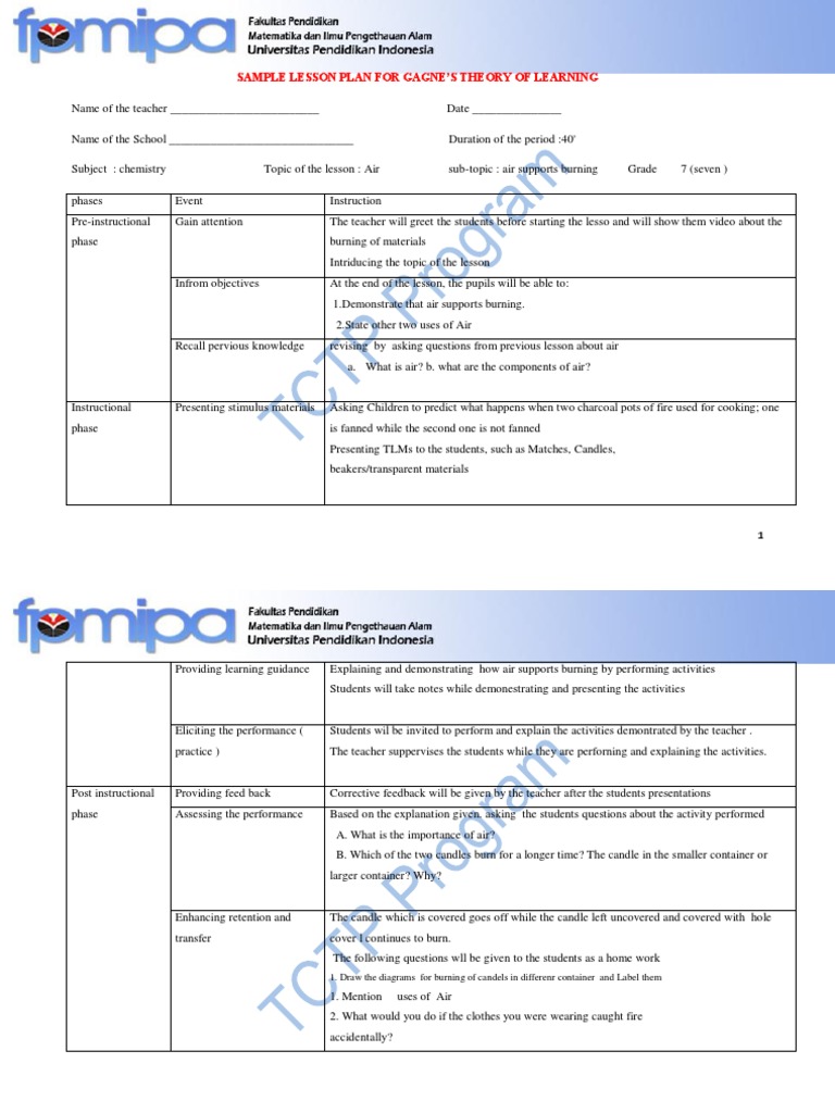 Gagne's Learning Theory Lesson Plan: Air | PDF | Lesson Plan | Action ...