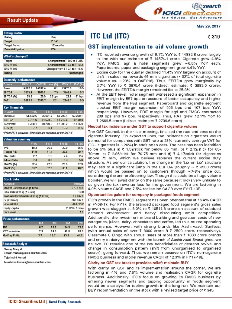 Itc LTD (Itc) : GST Implementation To Aid Volume Growth | PDF | Value ...
