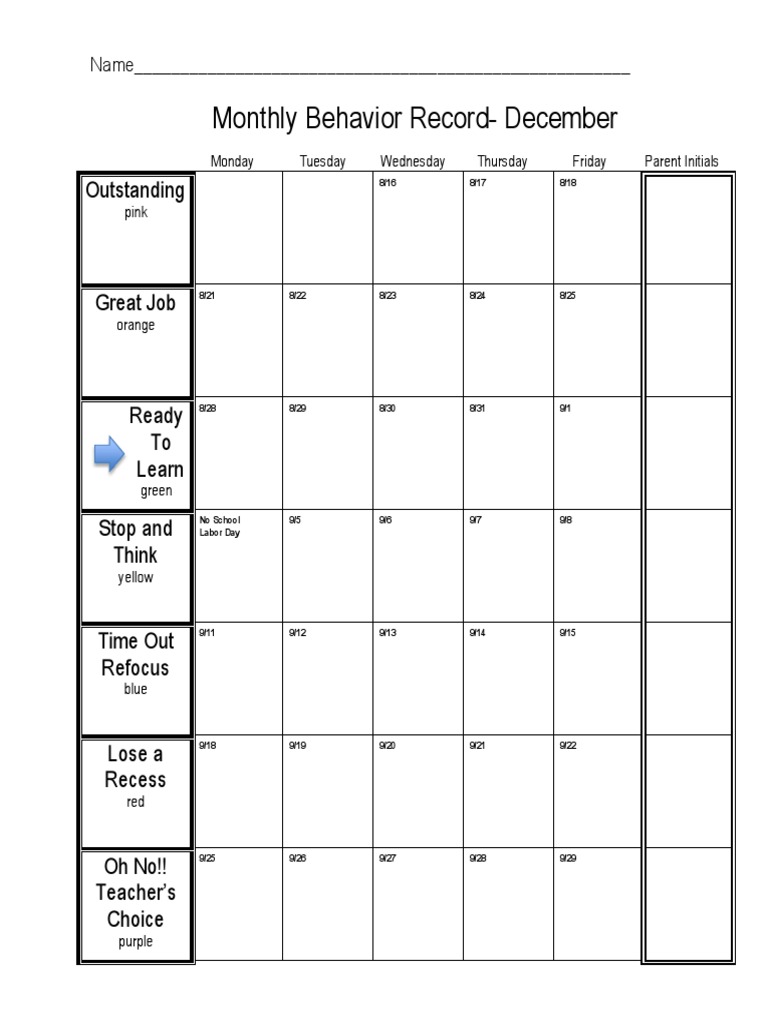 December Daily Behavior Record | PDF