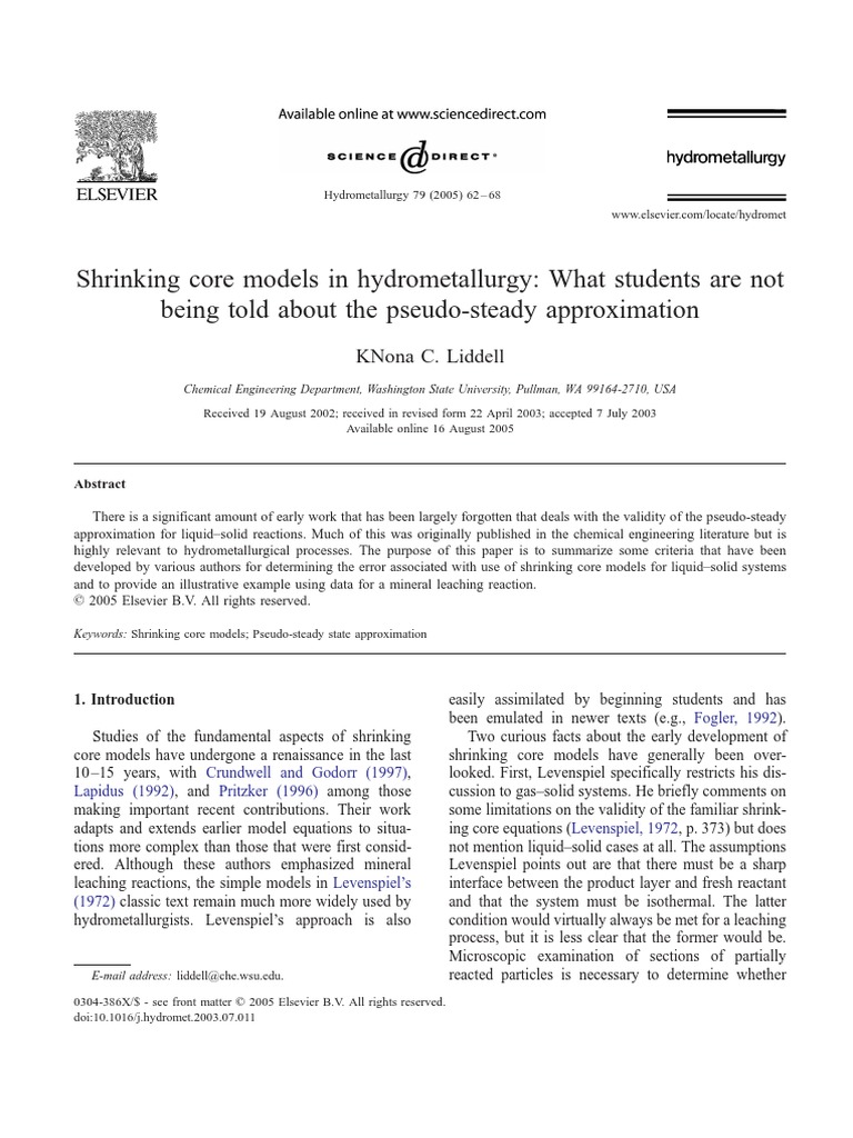 2005 Liddell - Shrinking Core Models in Hydrometallurgy | PDF ...