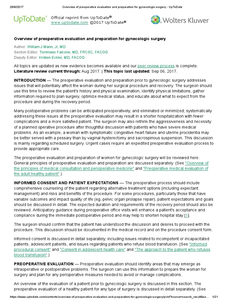 Overview of Preoperative Evaluation and Preparation For Gynecologic ...