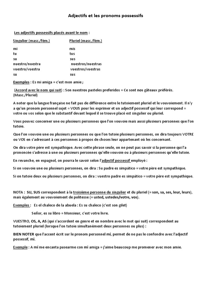 Adjectifs Et Les Pronoms Possessifs | PDF | Nombre grammatical | Pronom