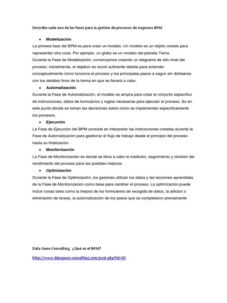 Describe Cada Una De Las Fases Para La Gestión De Procesos De Negocios