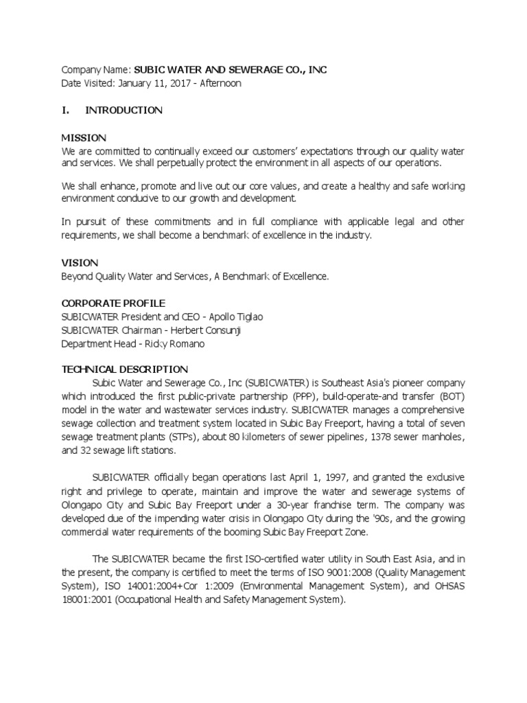 Subic Water and Sewerage Co | PDF | Water Purification | Sewage Treatment