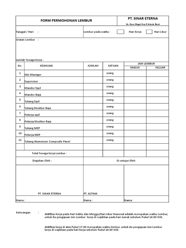Form Lembur Kerja (Sabtu Dan Minggu) | PDF