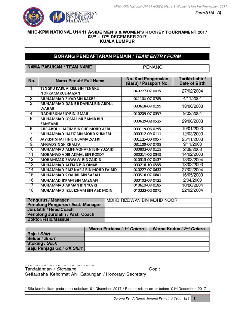 Team List Pasukan Hoki | PDF