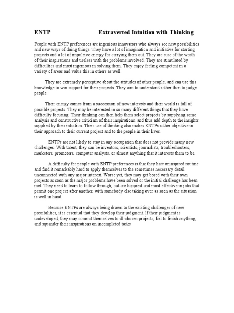 Entp Extraverted Intuition With Thinking | PDF