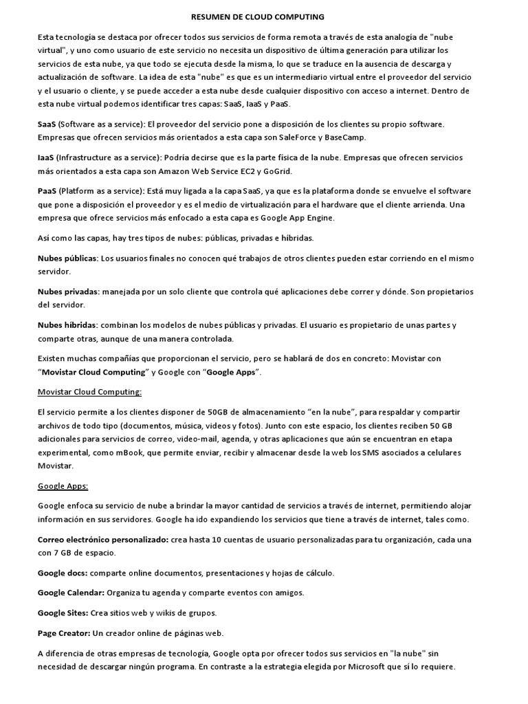 Resumen de Cloud Computing y Servicios | PDF | Computación en la nube ...