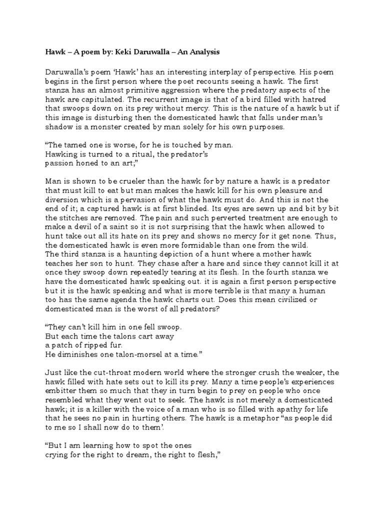 The Ferocity of the Hawk: An Analysis of Daruwalla's Poem | PDF | Hawk ...