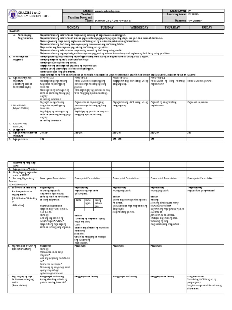 Grade 4 DLL Filipino 4 q4 Week 1 | PDF