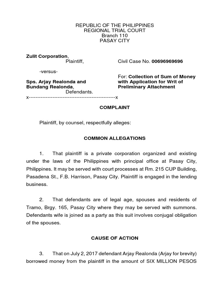 Complaint For Sum of Money | PDF | Lawsuit | Loans
