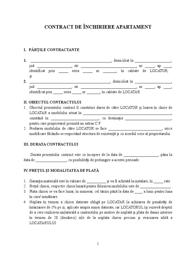 Contract de Inchiriere Apartament August 2017