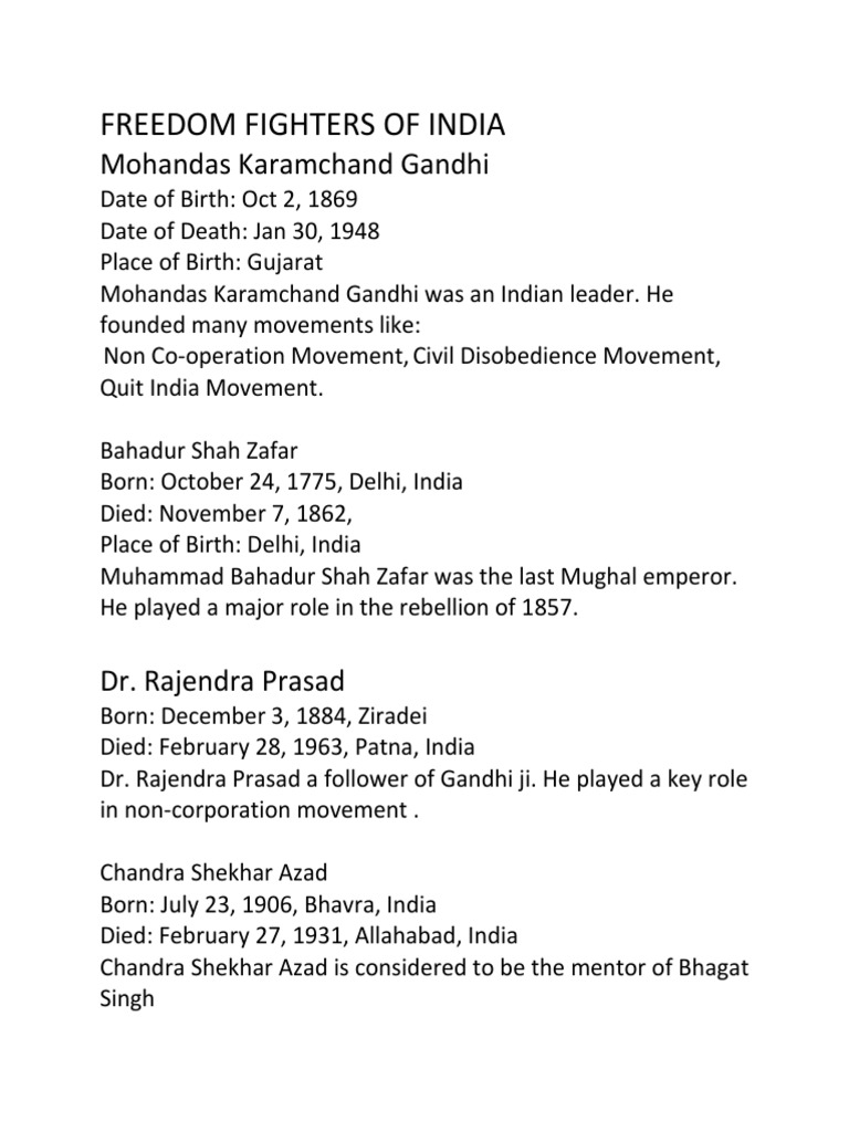 Key Indian Freedom Fighters Overview | PDF | Politics