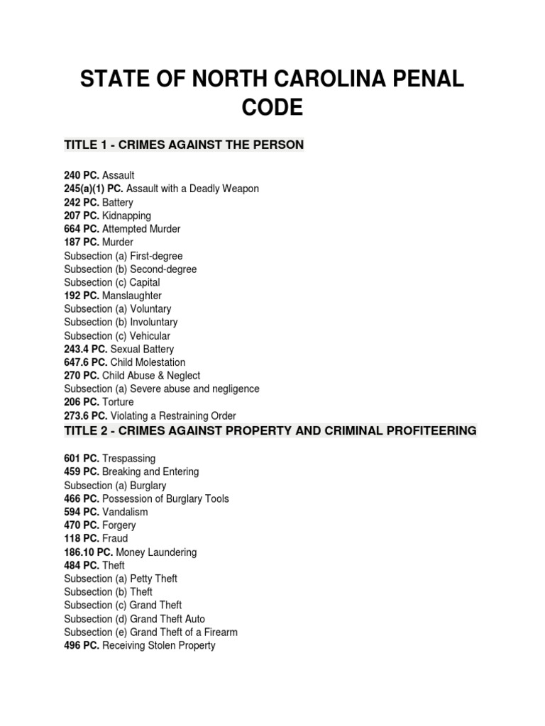 State of North Carolina Penal Code | PDF | Theft | Burglary