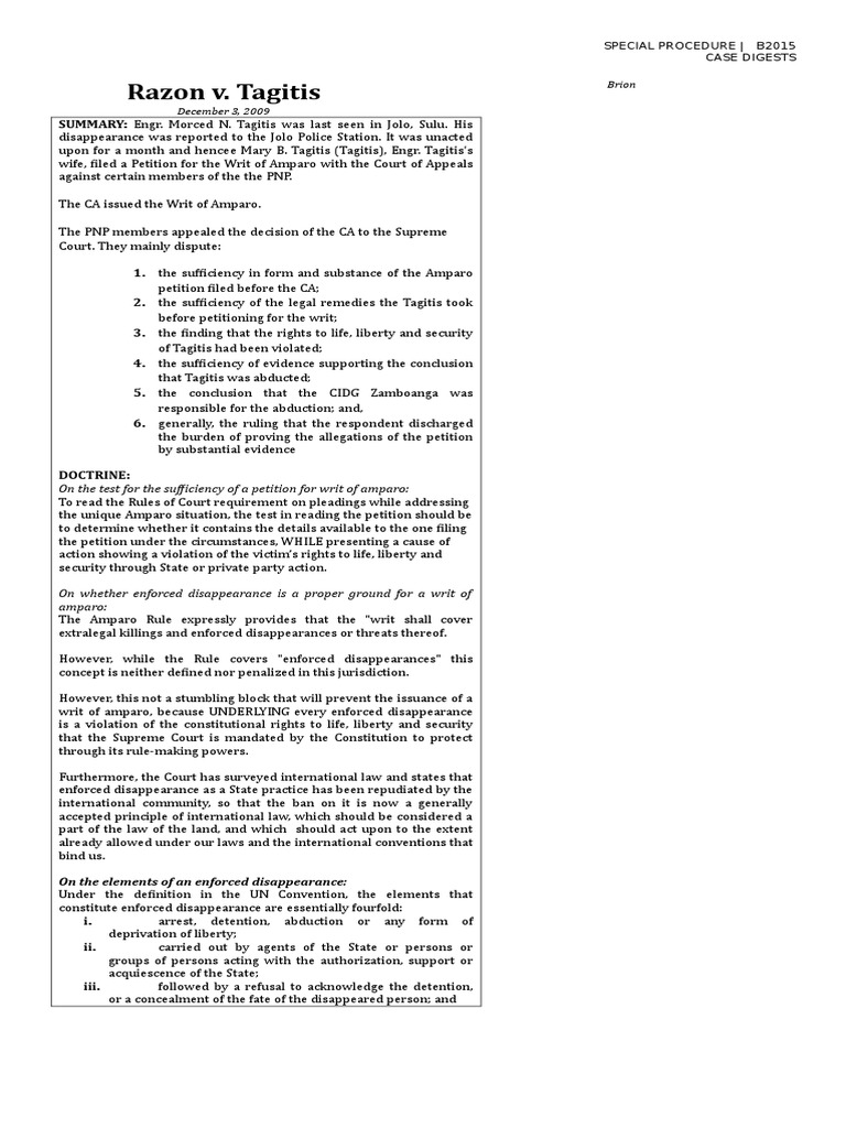 Razon v. Tagitis: Brion | PDF | Burden Of Proof (Law) | Evidence