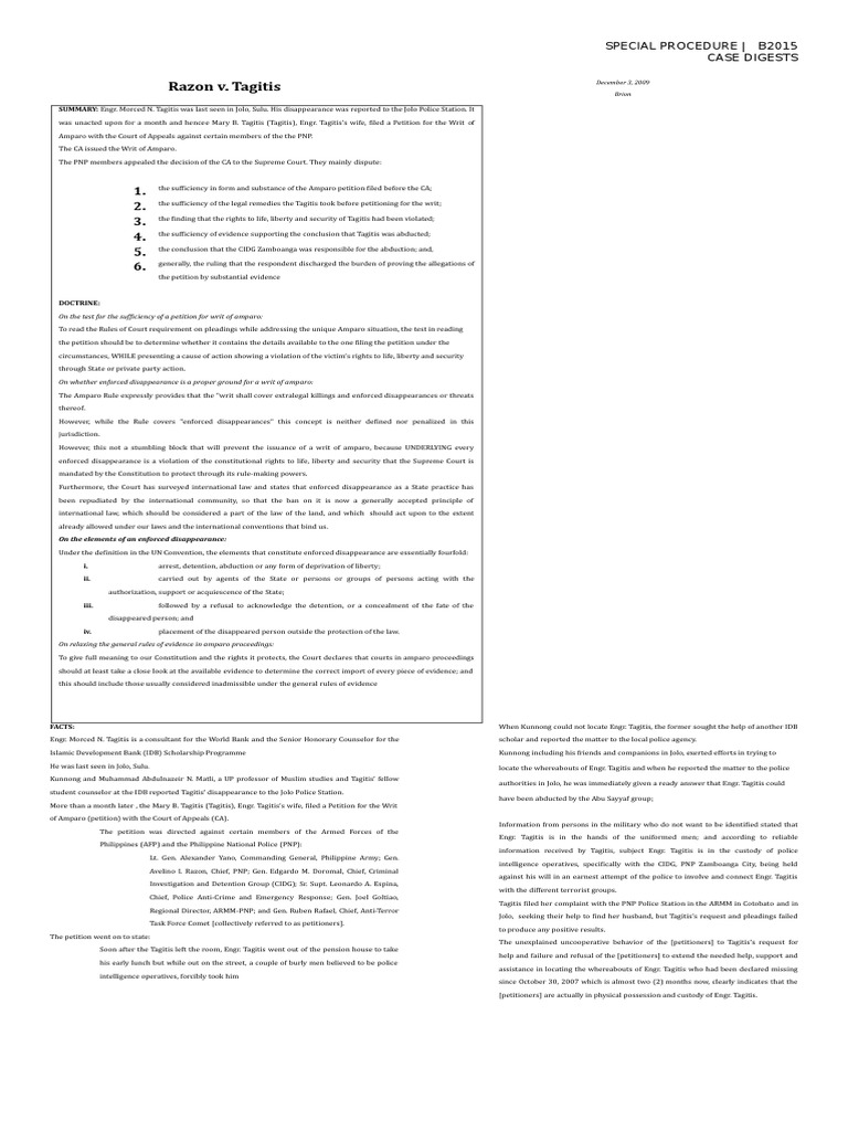 Razon v. Tagitis: Special Procedure - B2015 Case Digests | PDF | Burden ...