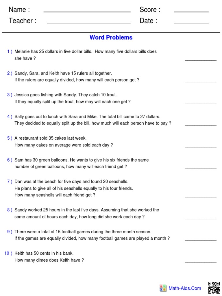 Solving Word Problems: Dividing Quantities Equally Among Groups | PDF ...