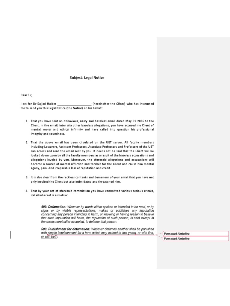 Legal Notice for Defamation and Intimidation | PDF | Defamation ...