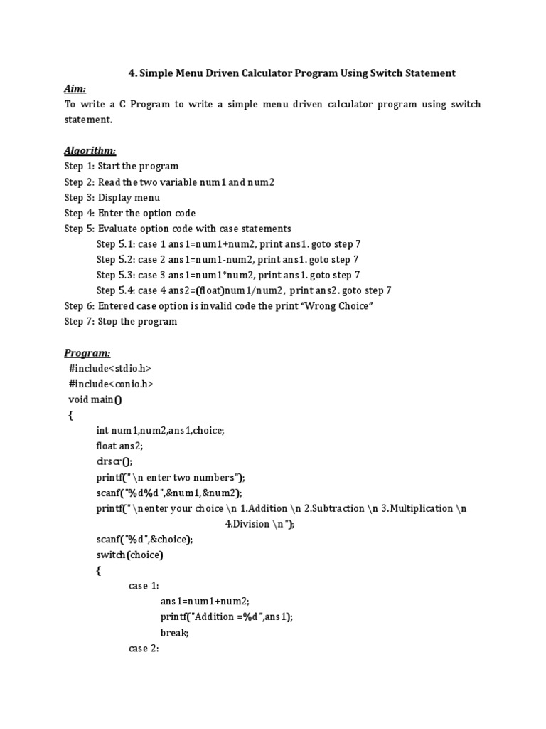 Simple Menu Driven Calculator Program Using Switch Statement | PDF | Prime Number | Discrete ...