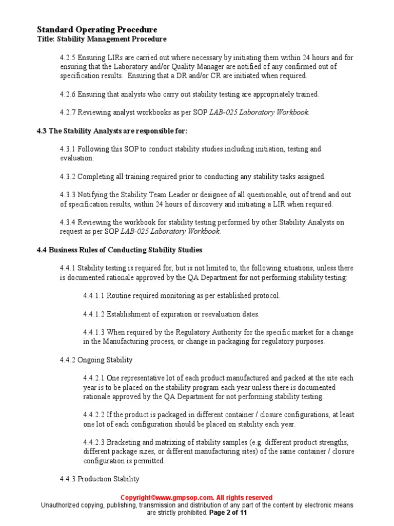 LAB 130 Stability Management Procedure Sample | PDF | Specification ...