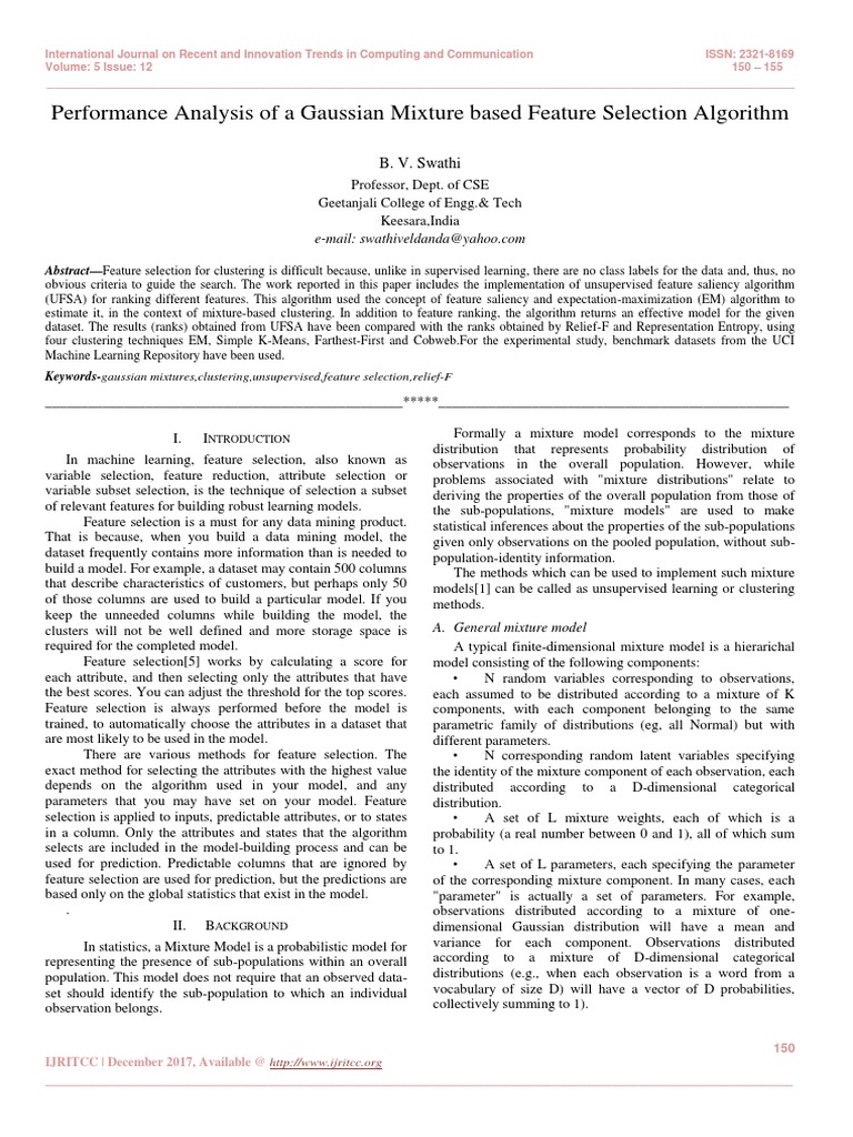 Performance Analysis of A Gaussian Mixture Based Feature Selection Algorithm | PDF | Cluster ...