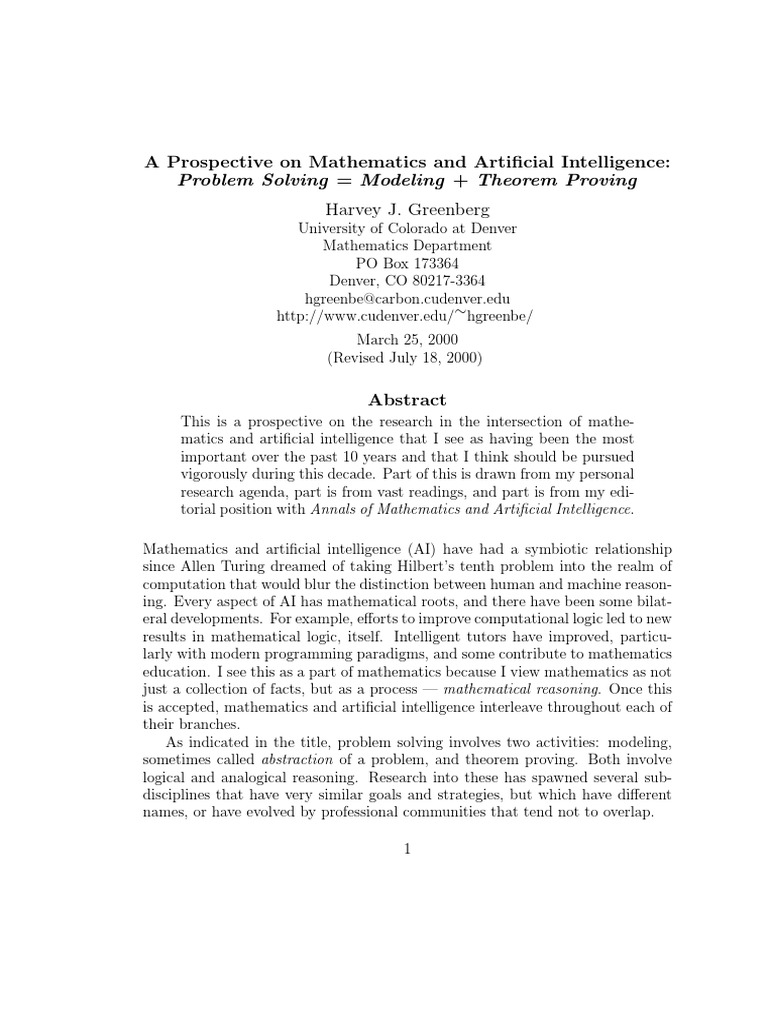 A Prospective On Mathematics and Artificial Intelligence: Problem ...