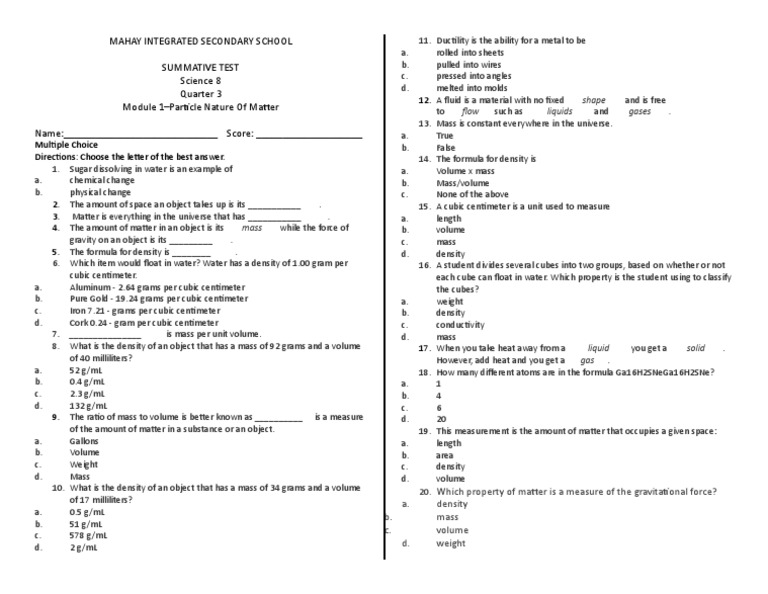 Science 8: Matter and Density Quiz | PDF | Density | Volume