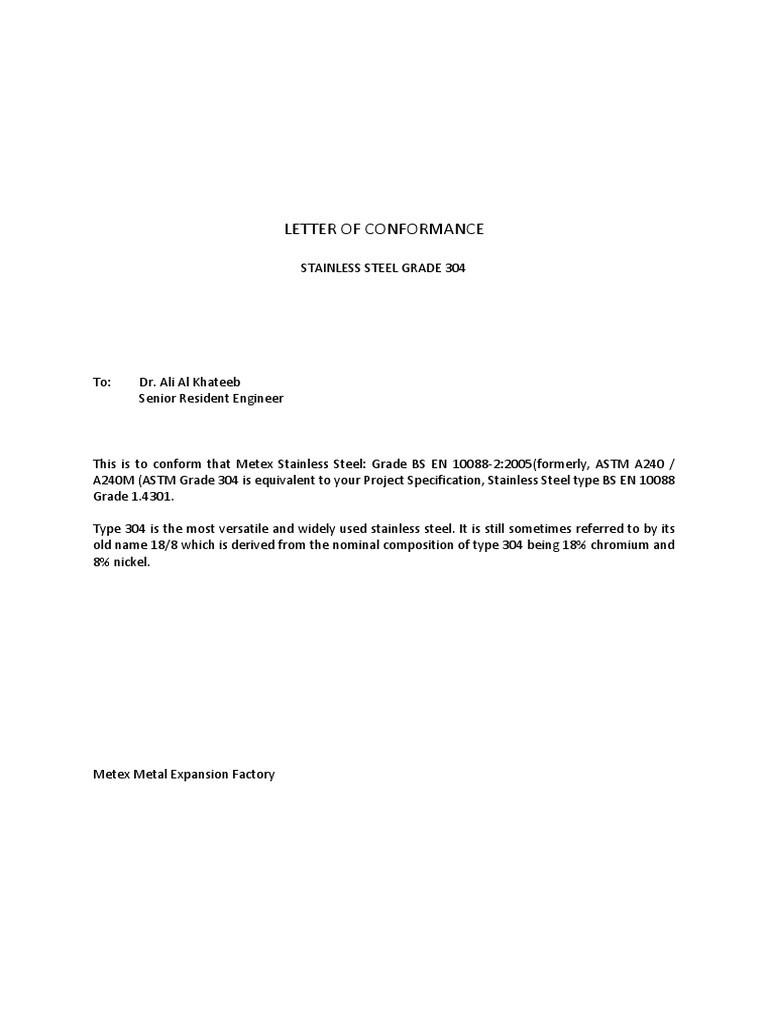 Letter of Conformance-Ss 304 | PDF