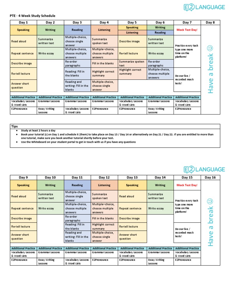 PTE - 4 Week Study Schedule | PDF | Multiple Choice | Vocabulary