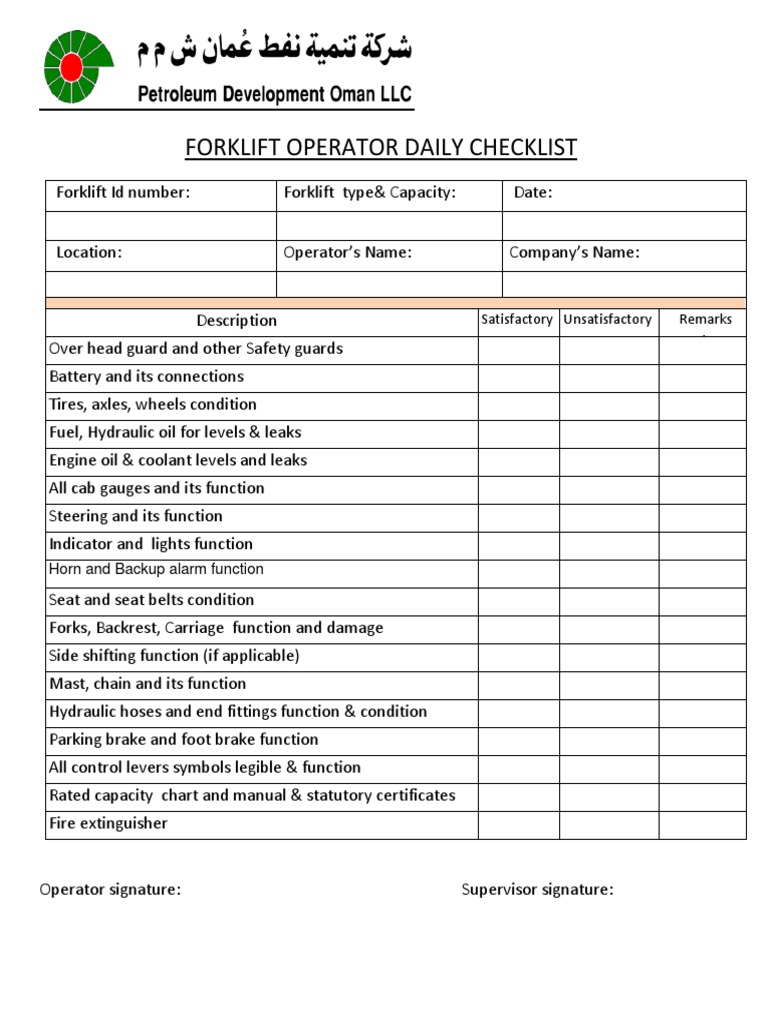 Forklift Operator Checklist