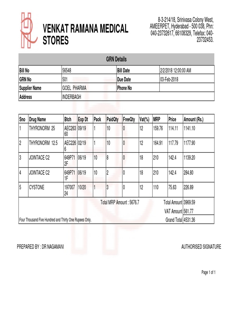 Venkat Ramana Medical Stores: Bill No Bill Date GRN No Due Date Supplier Name Phone No Address ...