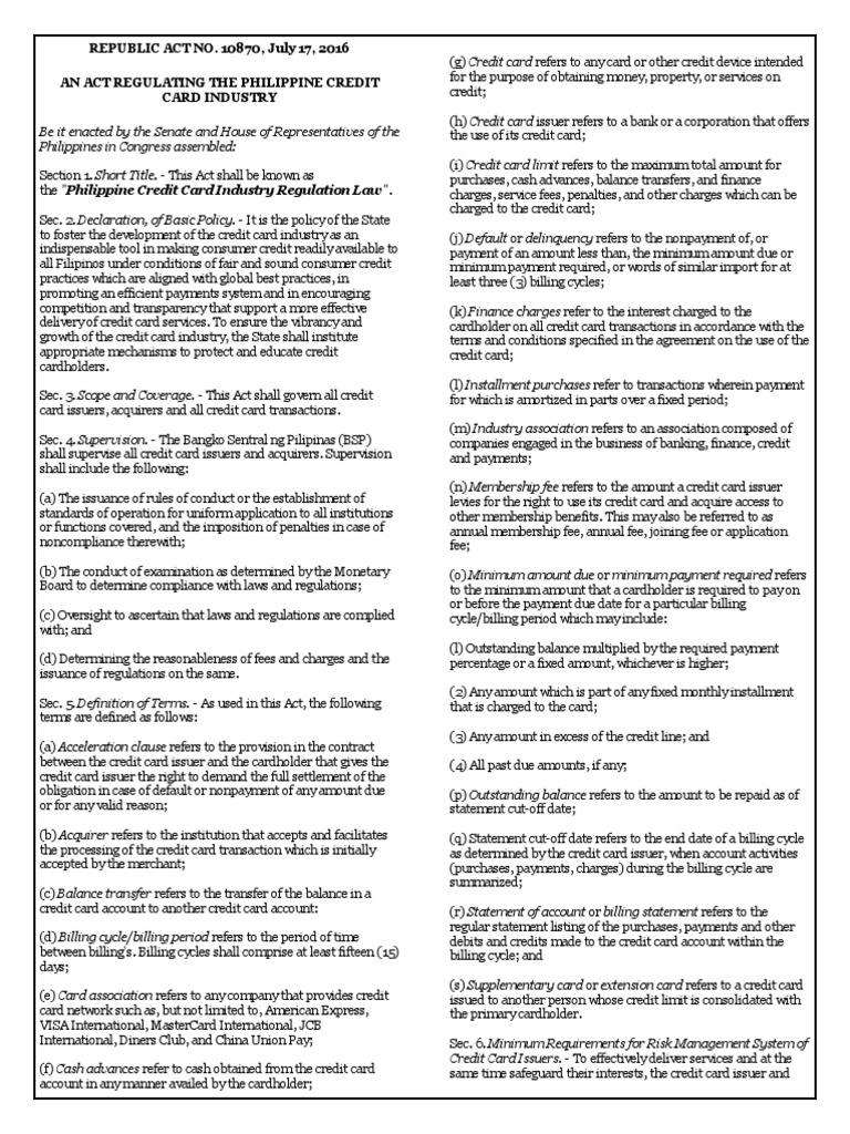 Regulating the Philippine Credit Card Industry: A New Law to Protect ...