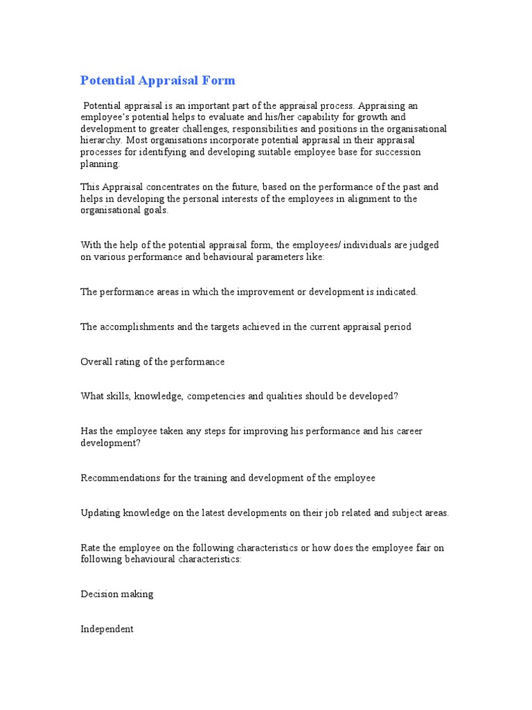 Potential Appraisal Form Guide | PDF
