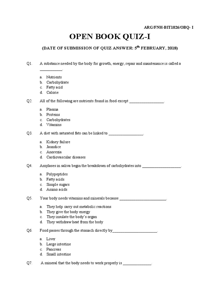 Open Book Quiz 1 Bit1026 FNH Arg Feb 2018 | PDF | Vitamin | Nutrients