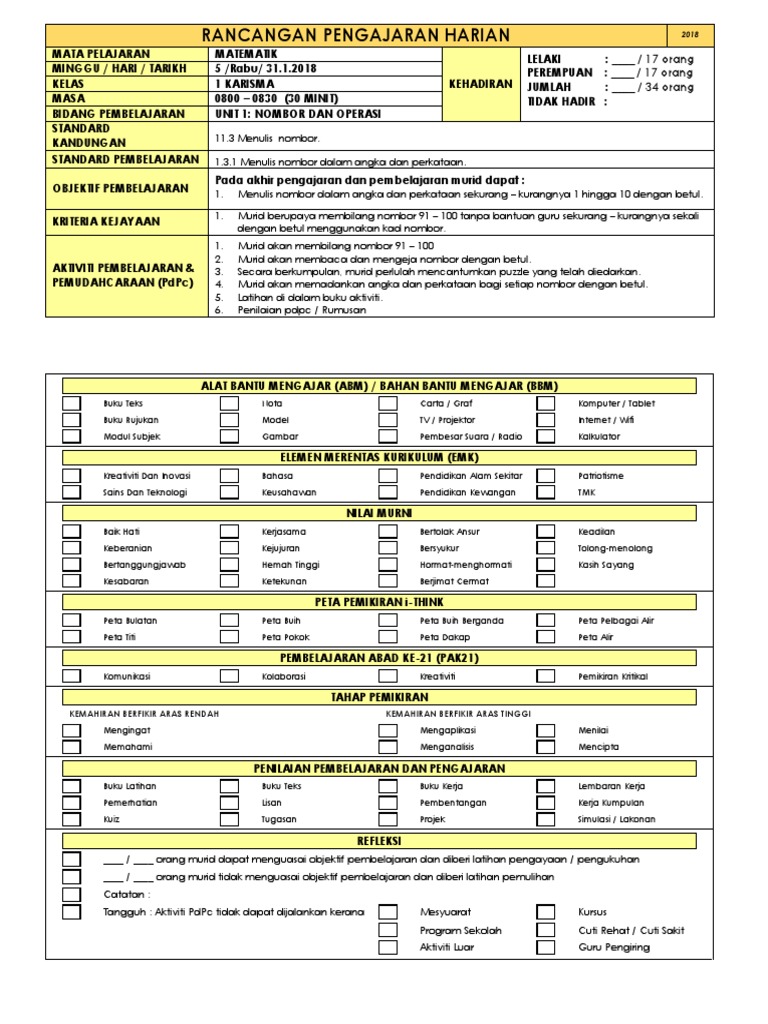 Contoh RPH Matematik Tahun 1 (KSSR Semakan) | PDF