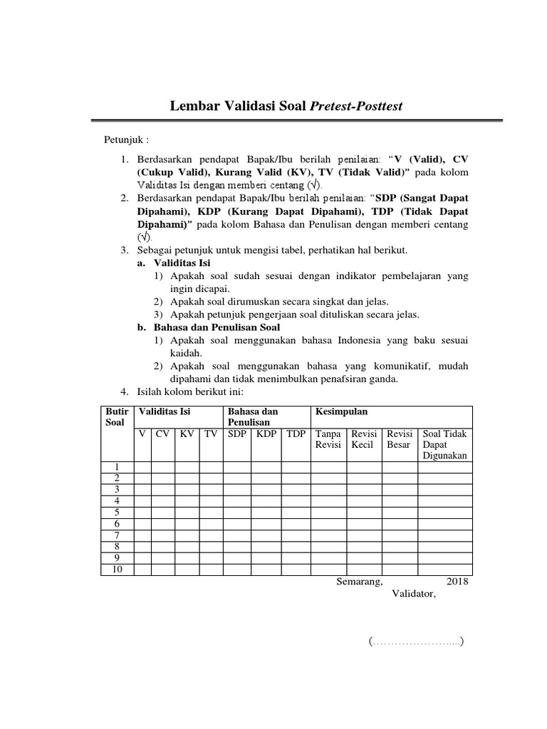 Lembar Validasi SOAL Pretest N Posttest | PDF