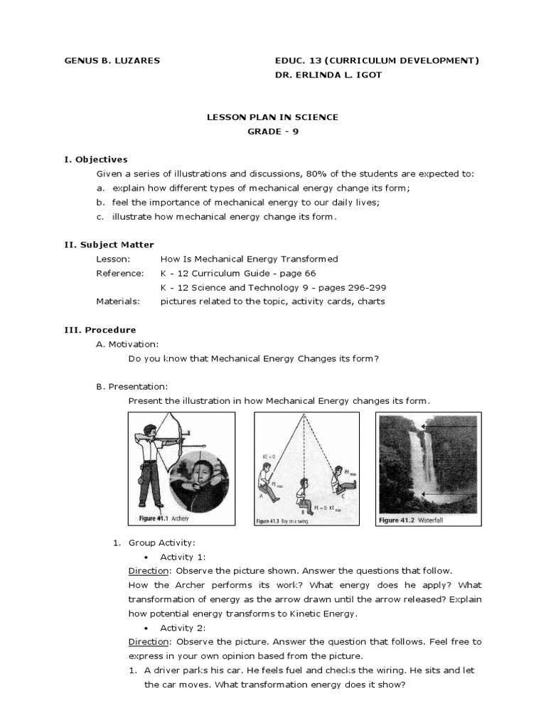 Mechanical Energy Transformation Lesson Plan | PDF | Lesson Plan ...